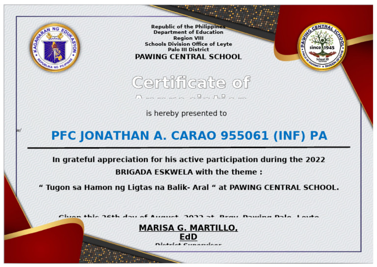 Certificate of Appreciation Brigada | PDF