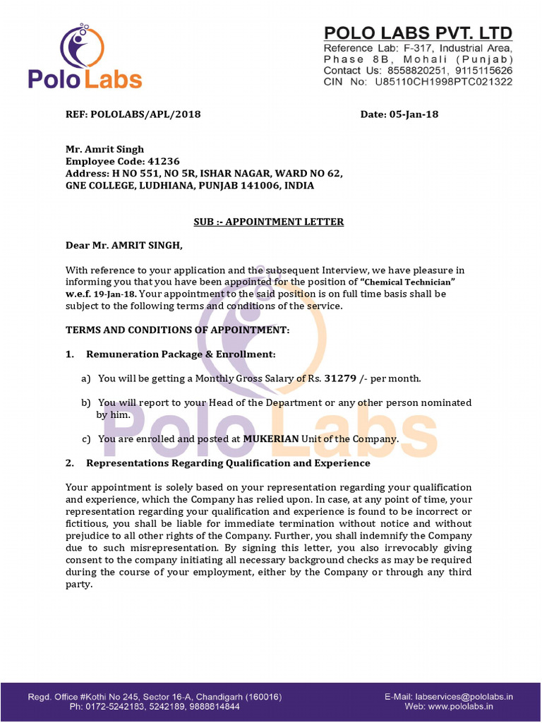 Polo Labs Amrit Singh Offer Letter Done | PDF | Employment | Salary