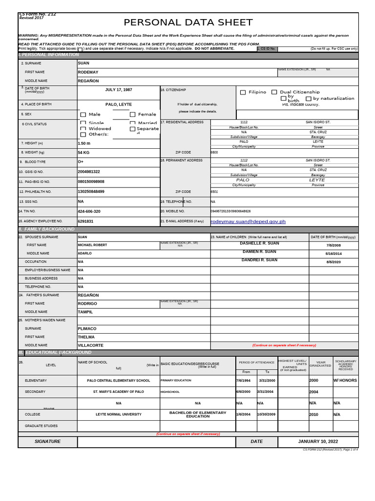 CS Form No. 212 Revised Personal Data Sheet 2 New | PDF | Government