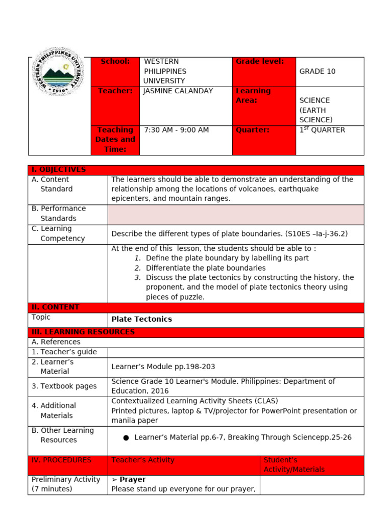 Grade 10 Earth Science Lesson | PDF | Plate Tectonics | Earth Sciences