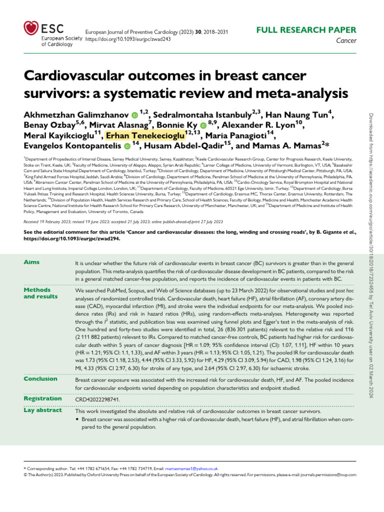 Cardiovascular Outcomes in Breast Cancer Survivors - A Systematic ...