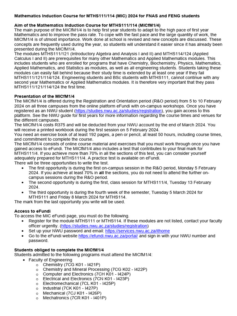 MTHS111/114 Induction Course 2024 | PDF | Mathematics | Applied Mathematics