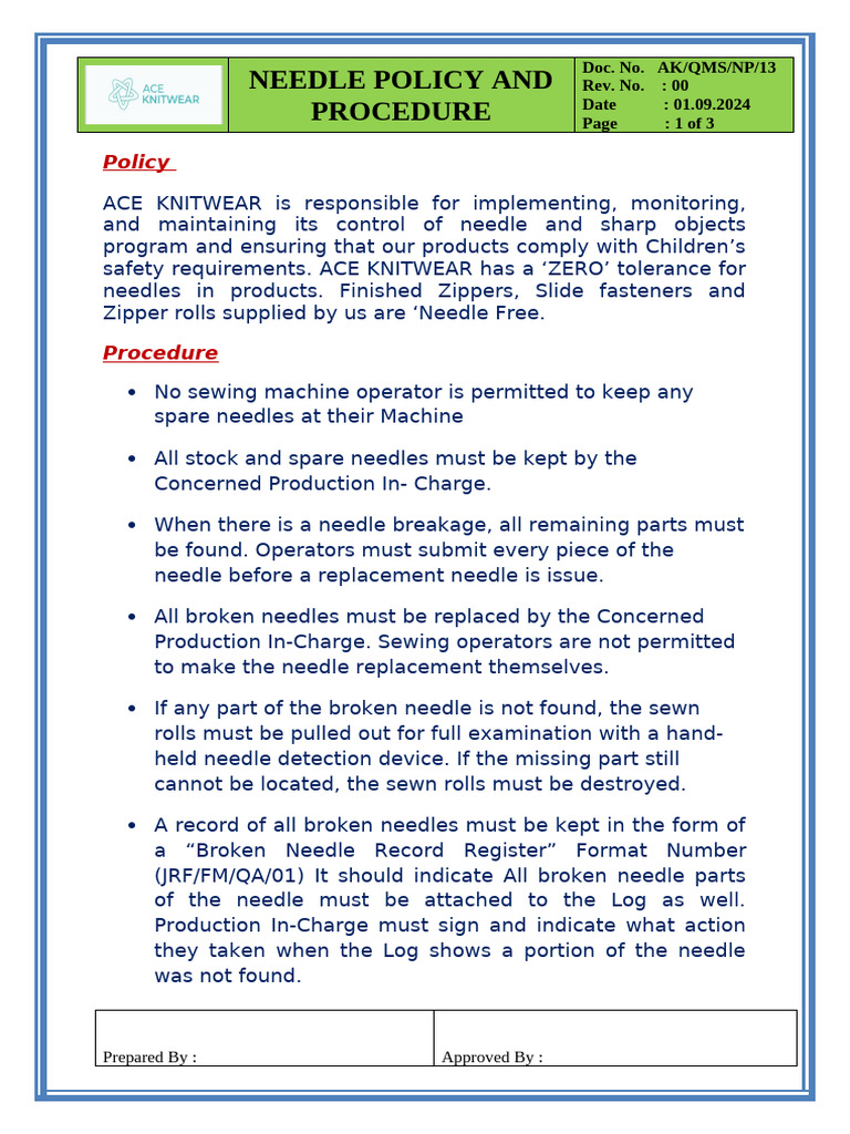 13 SOP Needle Policy and Procedure | PDF