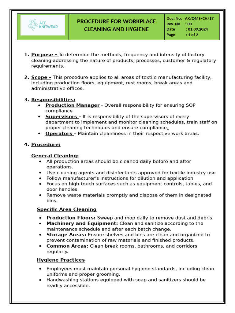 17 Sop Cleaning and Hygiene | PDF | Hygiene | Hand Washing