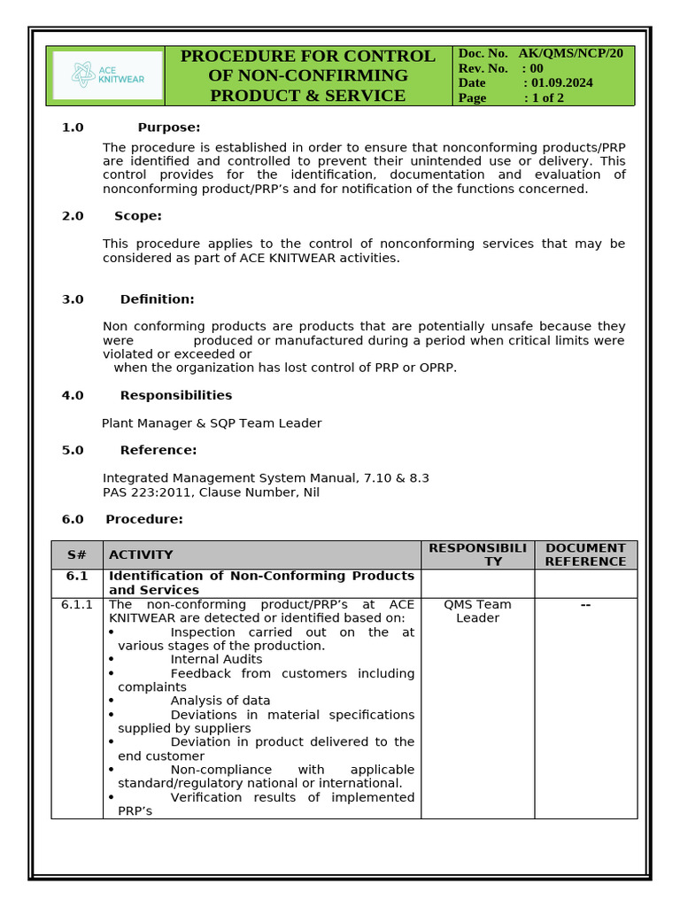 20 Sop For Control of Non Conforming Material | PDF | Quality Management System | Business
