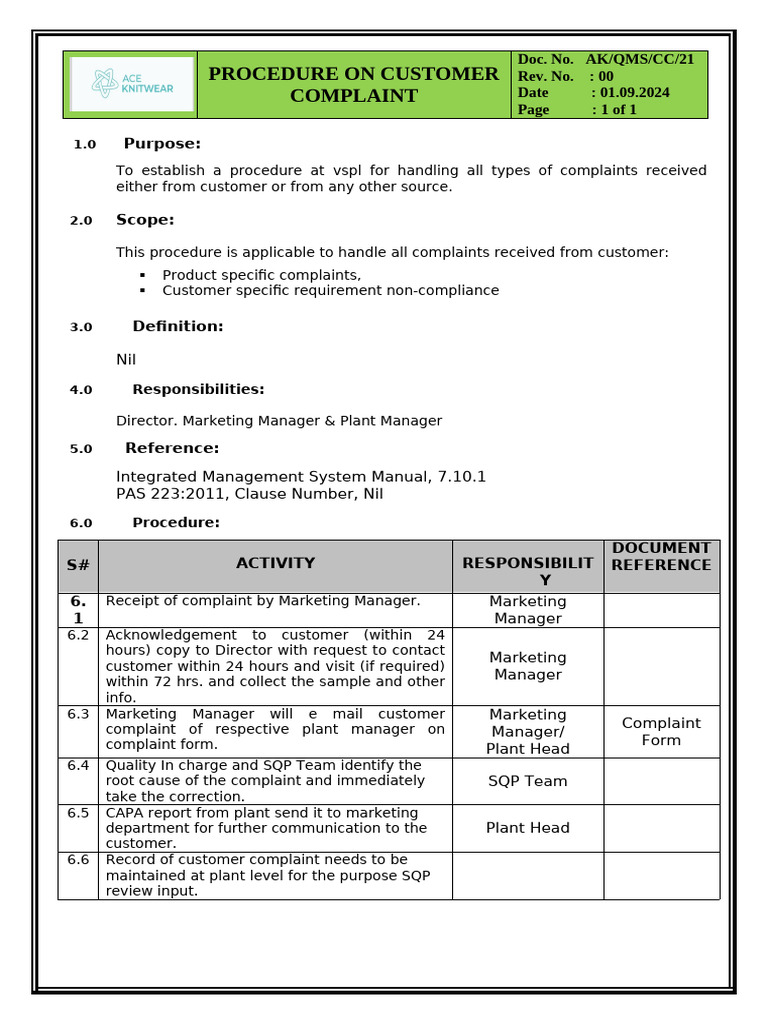 21 Sop For Customer Complaint Handling | PDF | Technology & Engineering
