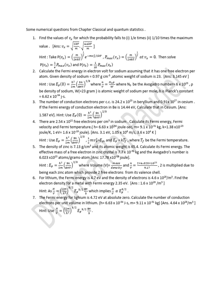 Numerical Ques Classical and Quantum Statistics - 2 | PDF | Electronvolt | Electron