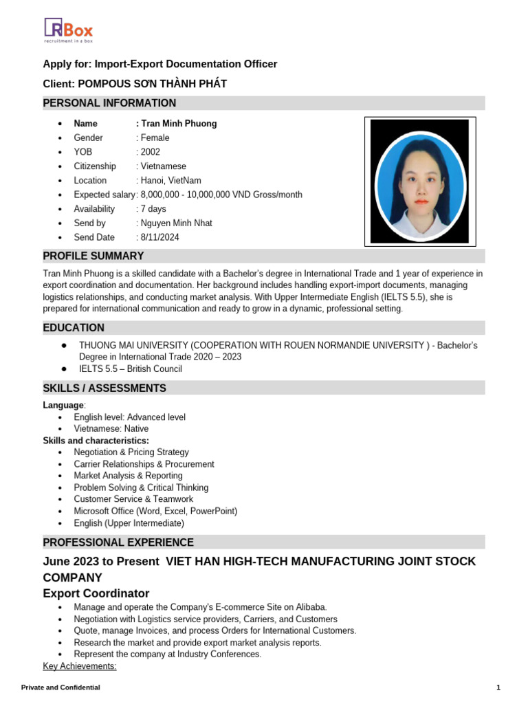 CV Tran Minh Phuong - Import-Export | PDF | Vietnam