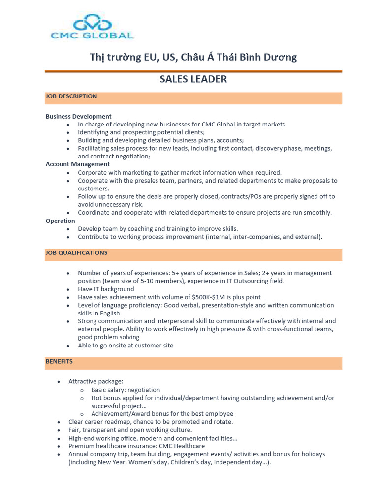 CMC Global Sales Manager Job Overview | PDF | Sales | Outsourcing