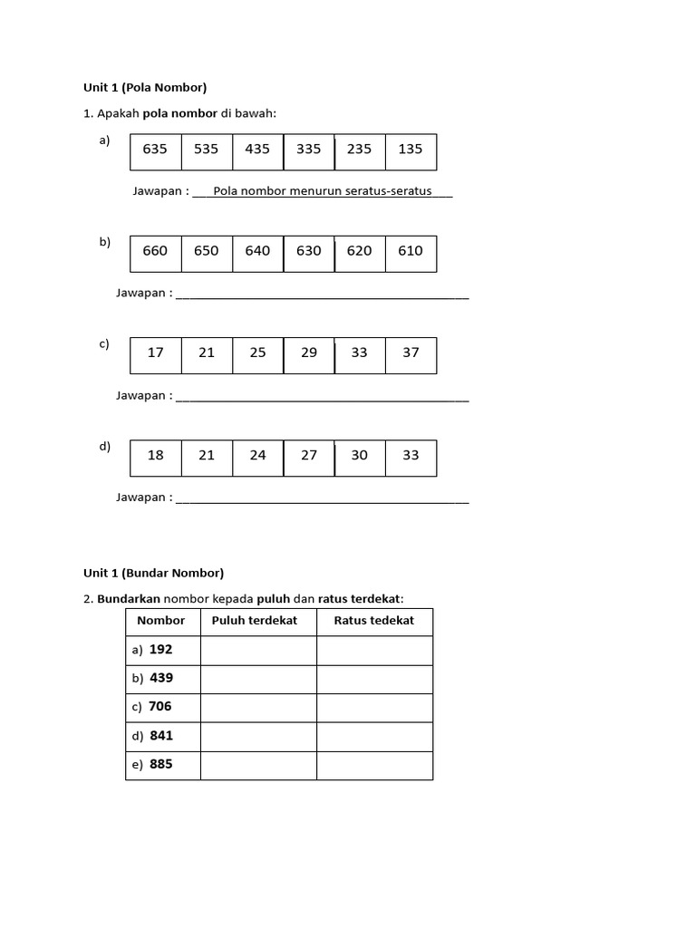 Unit 1 (Pola Nombor) Pola Nombor | PDF