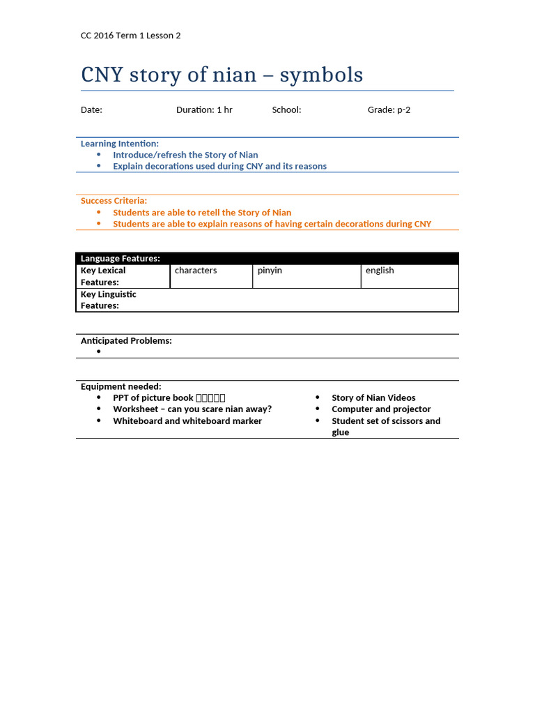 Lesson Plan - CNY Story of Nian | PDF