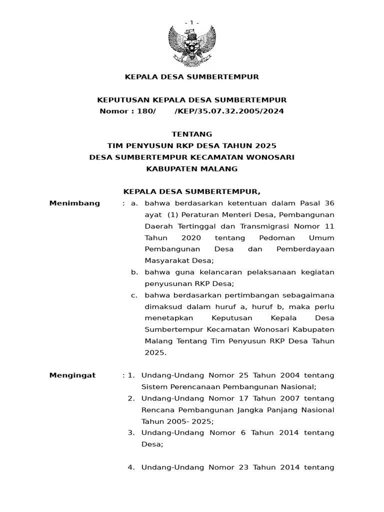 Keputusan Kepala Desa Tentang Tim Penyusun RKP Desa 2025 | PDF