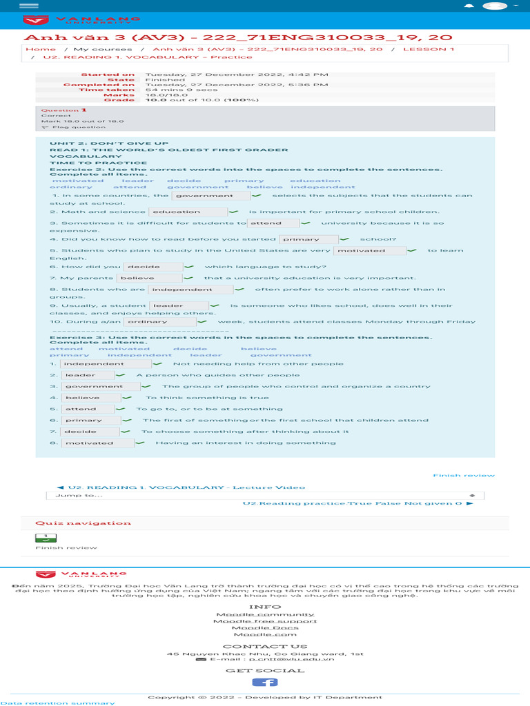 U2. READING 1. VOCABULARY Practice Attempt Review | PDF | Vocabulary ...
