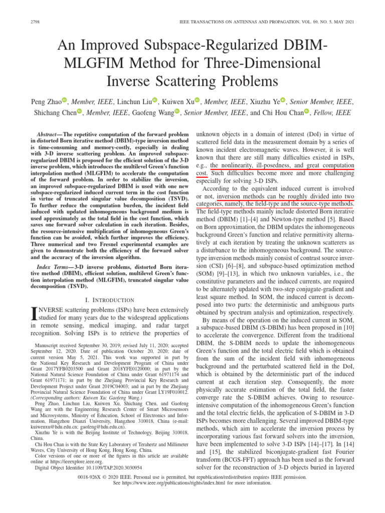 An Improved Subspace-Regularized DBIM-MLGFIM Method For Three-Dimensional Inverse Scattering ...