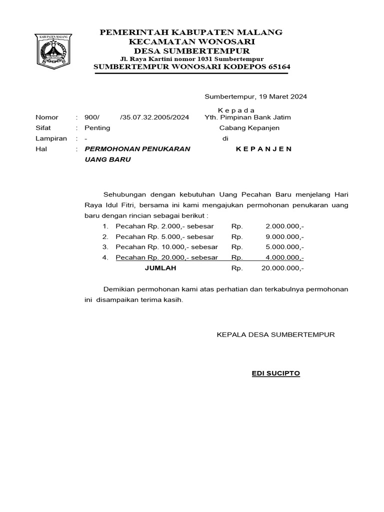 Permohonan Uang Baru Ke Bank Jatim | PDF