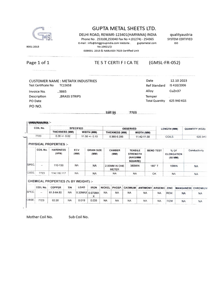 Gupta Metal Sheets LTD.: Page 1 of 1 Testcertificate (GMSL-FR-052 ...