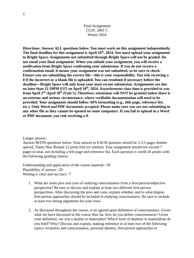 FinalAssignment | PDF | Consciousness | Materialism
