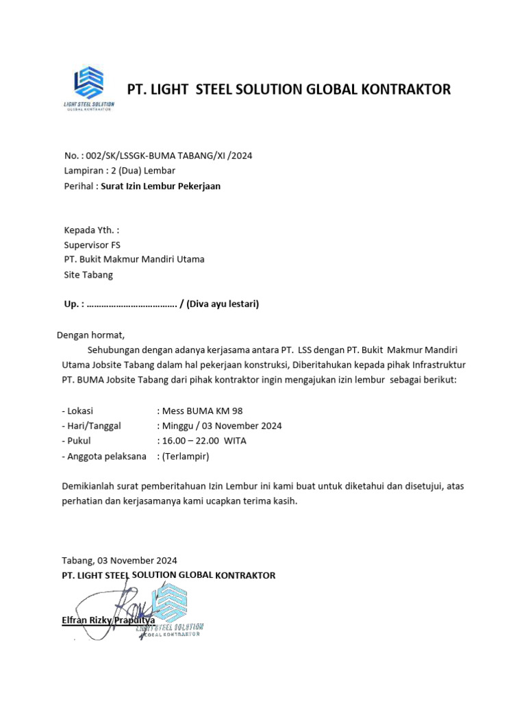 Form Lembur LSS 03-11-2024 | PDF