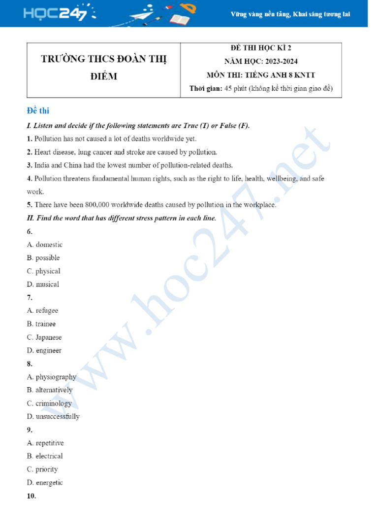 Đề thi HK2 môn Tiếng Anh 8 KNTT năm 2023-2024 có đáp án Trường THCS Đoàn Thị Điểm | PDF