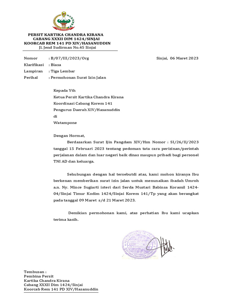 Surat Ijin Jalan Persit | PDF