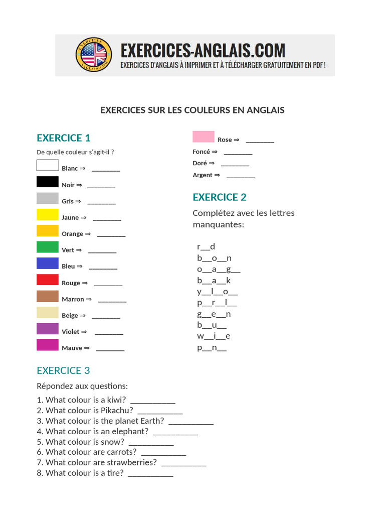 Exercices sur les couleurs en anglais | PDF | Couleur | Vue