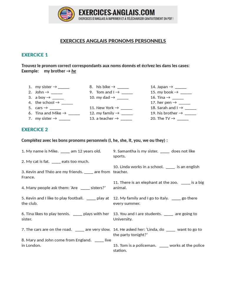 Exercices Anglais Pronoms Personnels | PDF | Travel