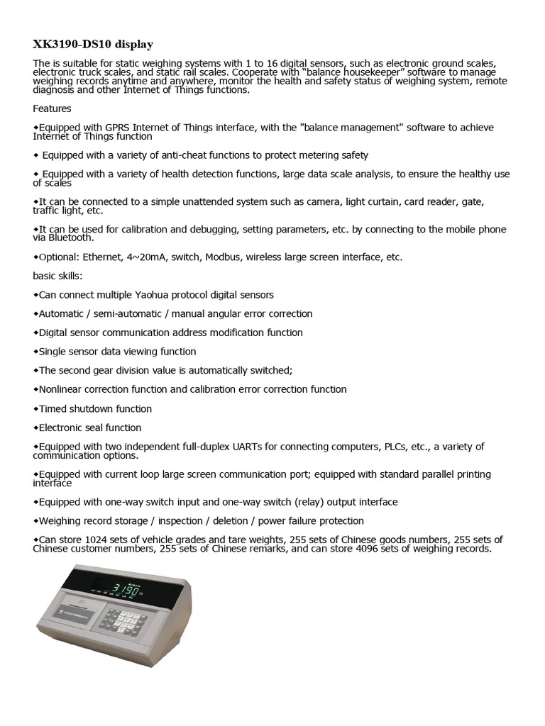 XK3190-DS10 Weighing Display Features | PDF