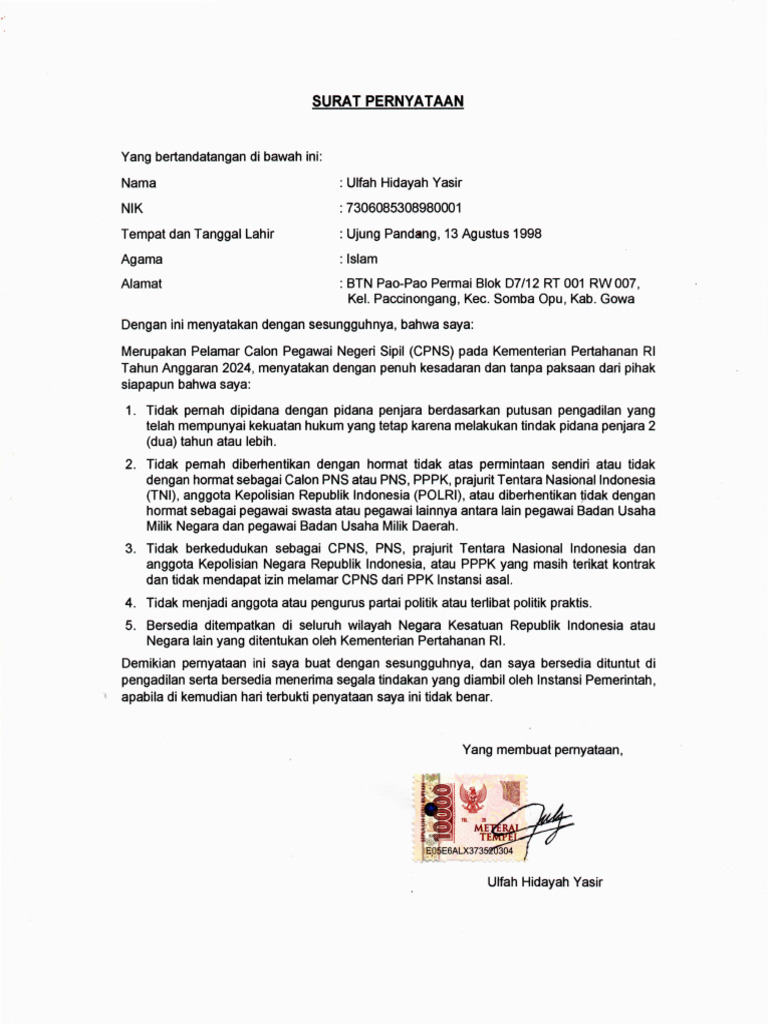 Surat Pernyataan Ulfa | PDF