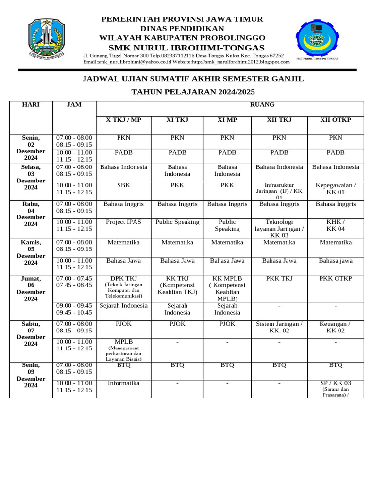 Jadwal Sas Ganjil 2024-2025 | PDF