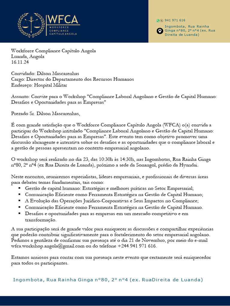 Carta Convite - Dilson Mascarenhos | PDF | Conformidade regulatória | Angola