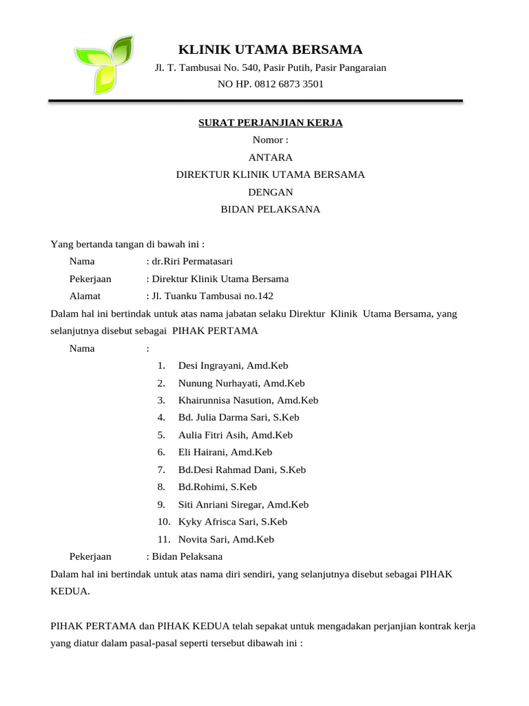 Perjanjian Kerja Bidan KB | PDF | Hukum