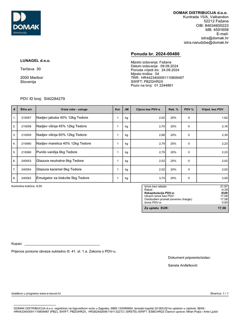 LUNA GEL - Ponuda - Br. - 2024-00486 | PDF