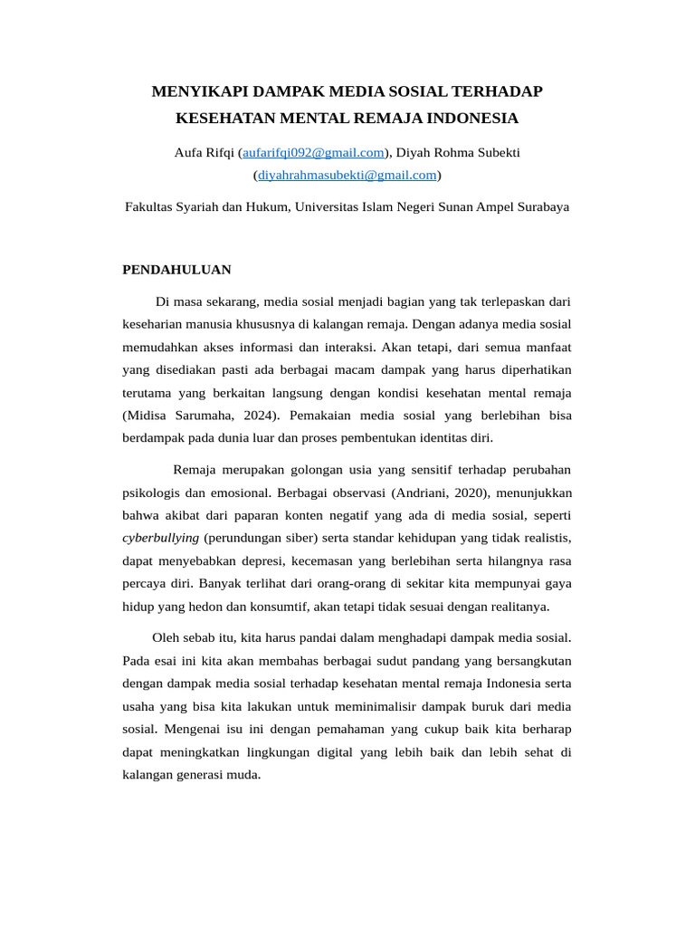 Menyikapi Dampak Media Sosial Terhadap Kesehatan Mental Remaja Indonesia | PDF | Ilmu Sosial