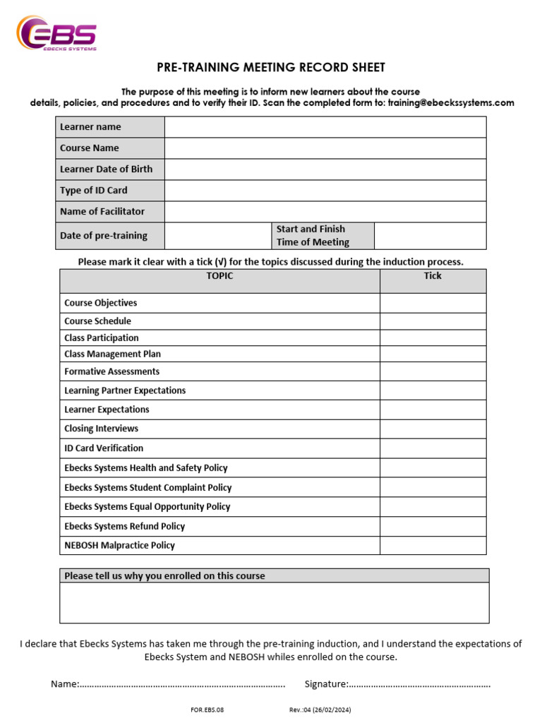 Pre-Training Meeting Record Sheet - Rev.04 | PDF | Business | Art