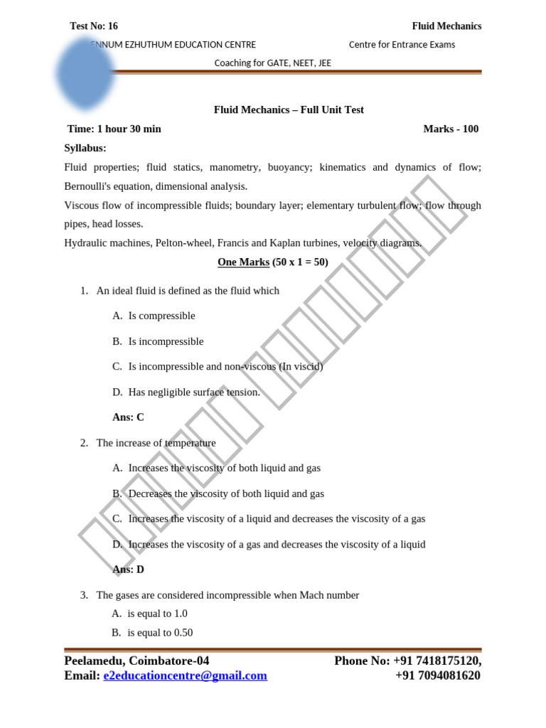 Question Paper | PDF | Buoyancy | Fluid Dynamics