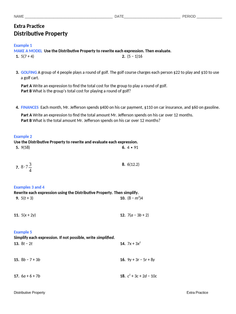Distributive Property Practice Worksheet | PDF
