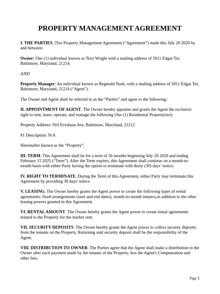 Property Management Agreement | PDF | Lease | Leasehold Estate