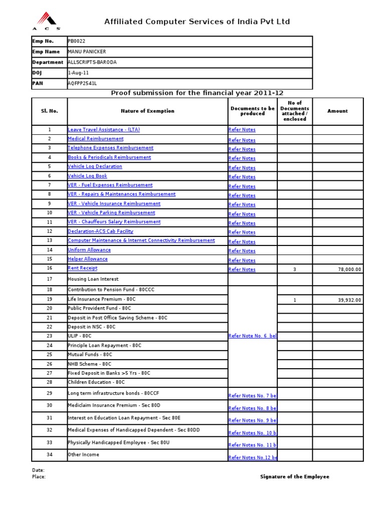 ACS India Employee Reimbursement Guide 2011-12 | PDF | Payroll | Expense