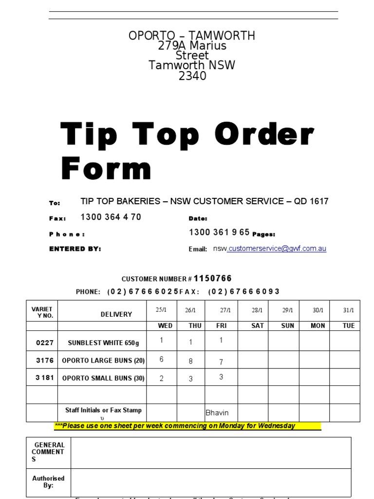 Tip Top Bakeries Order Form - Tamworth | PDF
