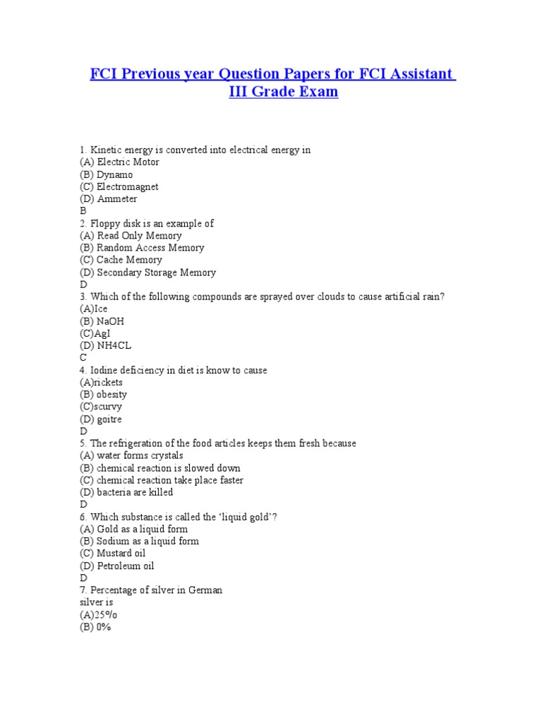 FCI Previous Question Papers | PDF | Carbon | Chemical Substances
