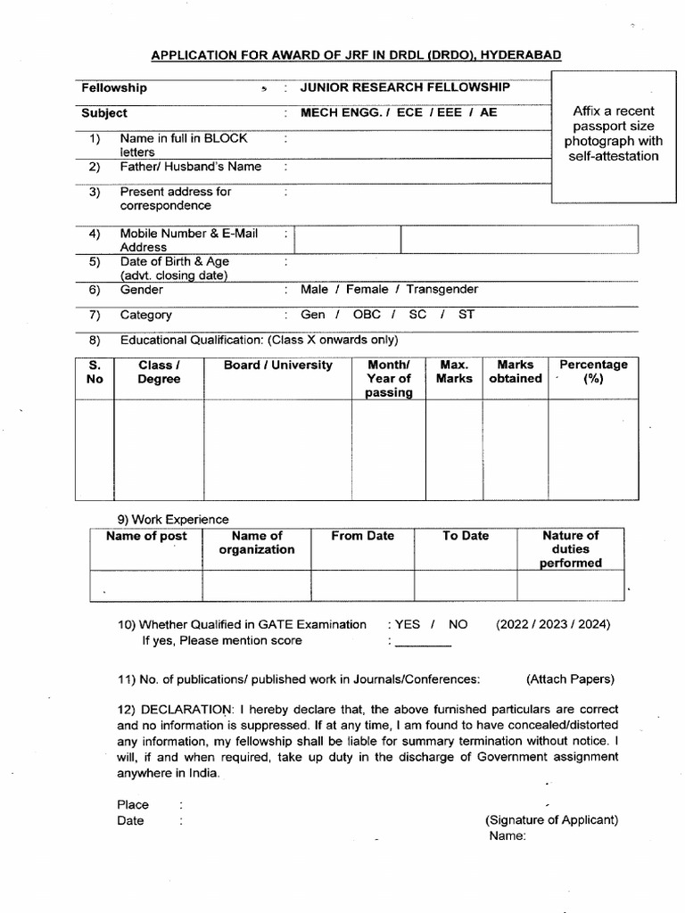 Drdo DRDL Junior Research Fellow Application Form | PDF | Gender Equality | Gender Studies