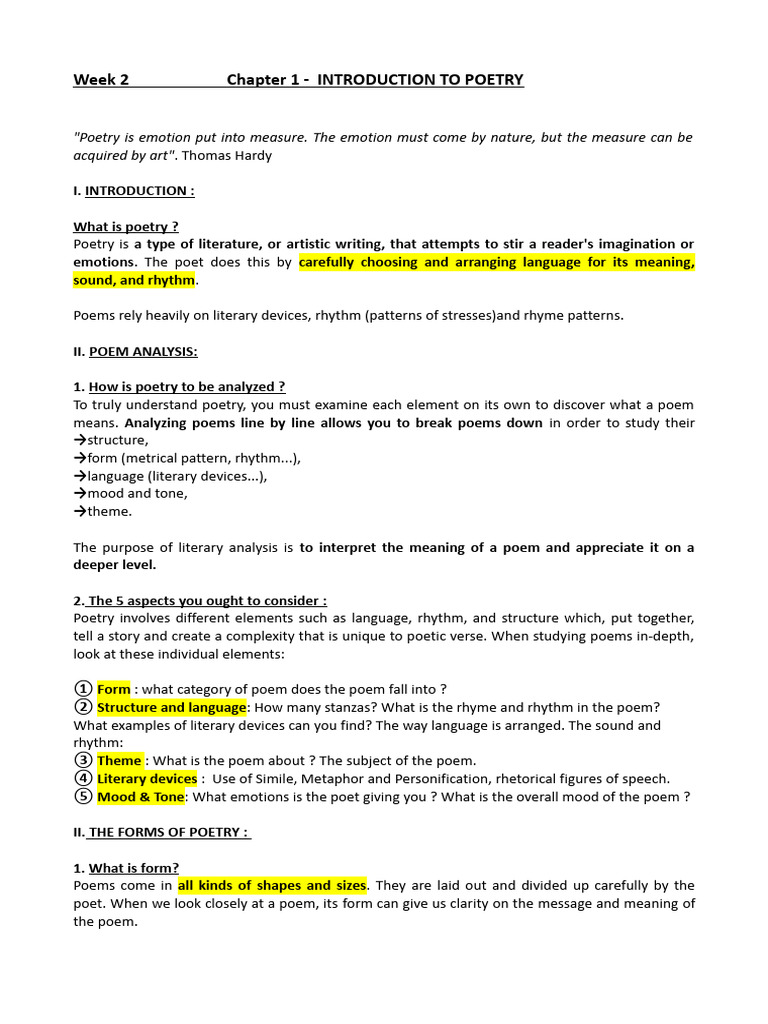 Week 2 Introduction To Poetry | PDF | Poetry | Metre (Poetry)