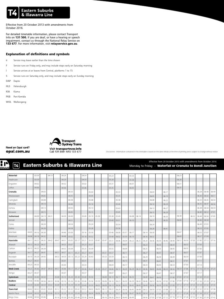 T4 Eastern Suburbs Illawarra Line Timetable 2016 | PDF
