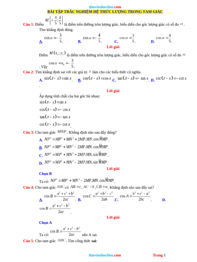 140 Bai Tap Trac Nghiem He Thuc Luong Trong Tam Giac | PDF