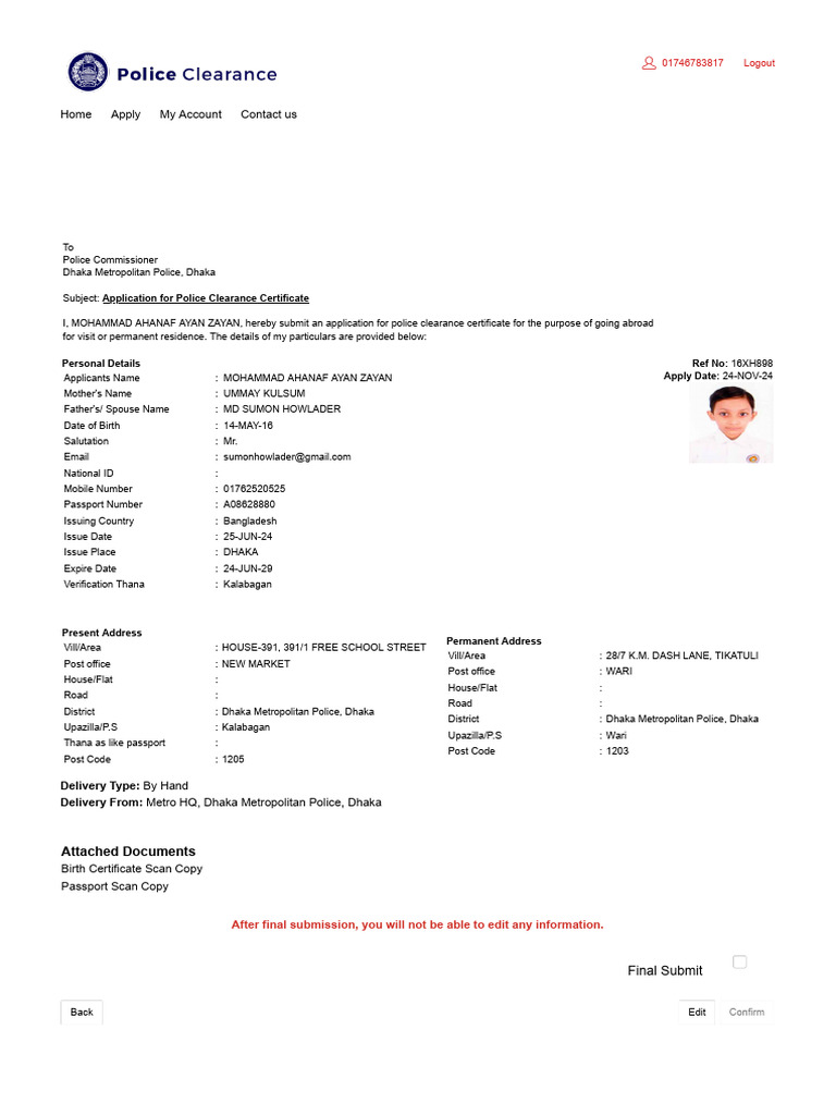 Police Clearance Certificate Application | PDF | Government And Personhood