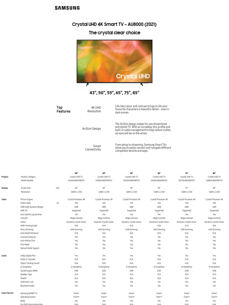 UA85AU8000WXXY Samsung Specifications Sheet | PDF | Ios | Information ...