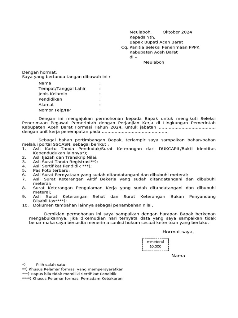 Contoh Surat Lamaran Dan Pernyataan PPPK | PDF