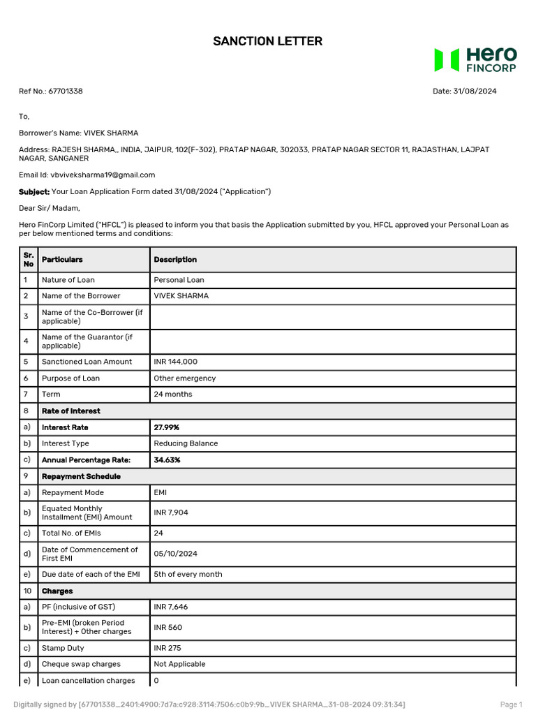 Sanction Letter | PDF | Loans | Interest