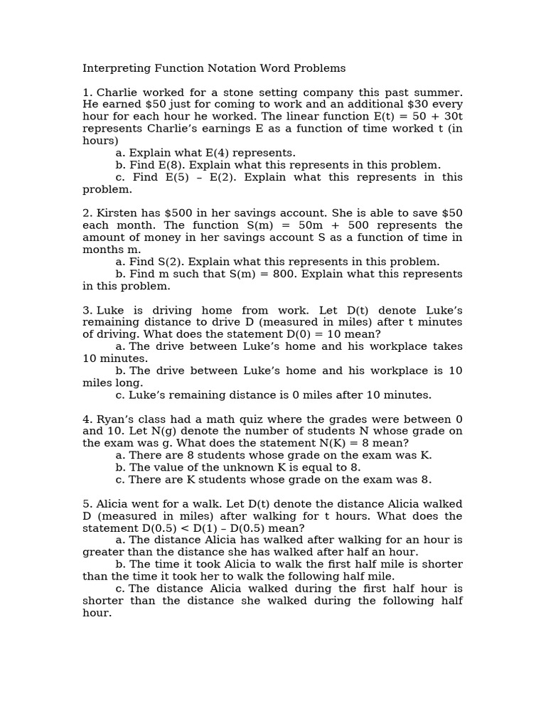 Interpreting Function Notation Word Problems | PDF