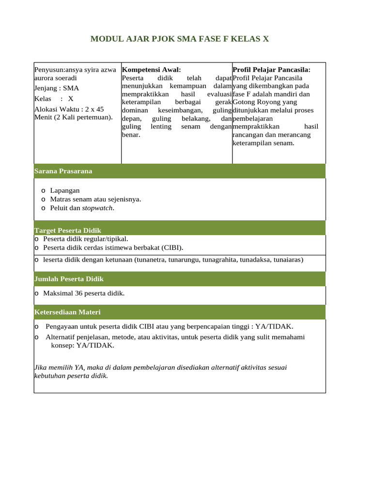 Modul Ajar Senam Kelas X SMA | PDF